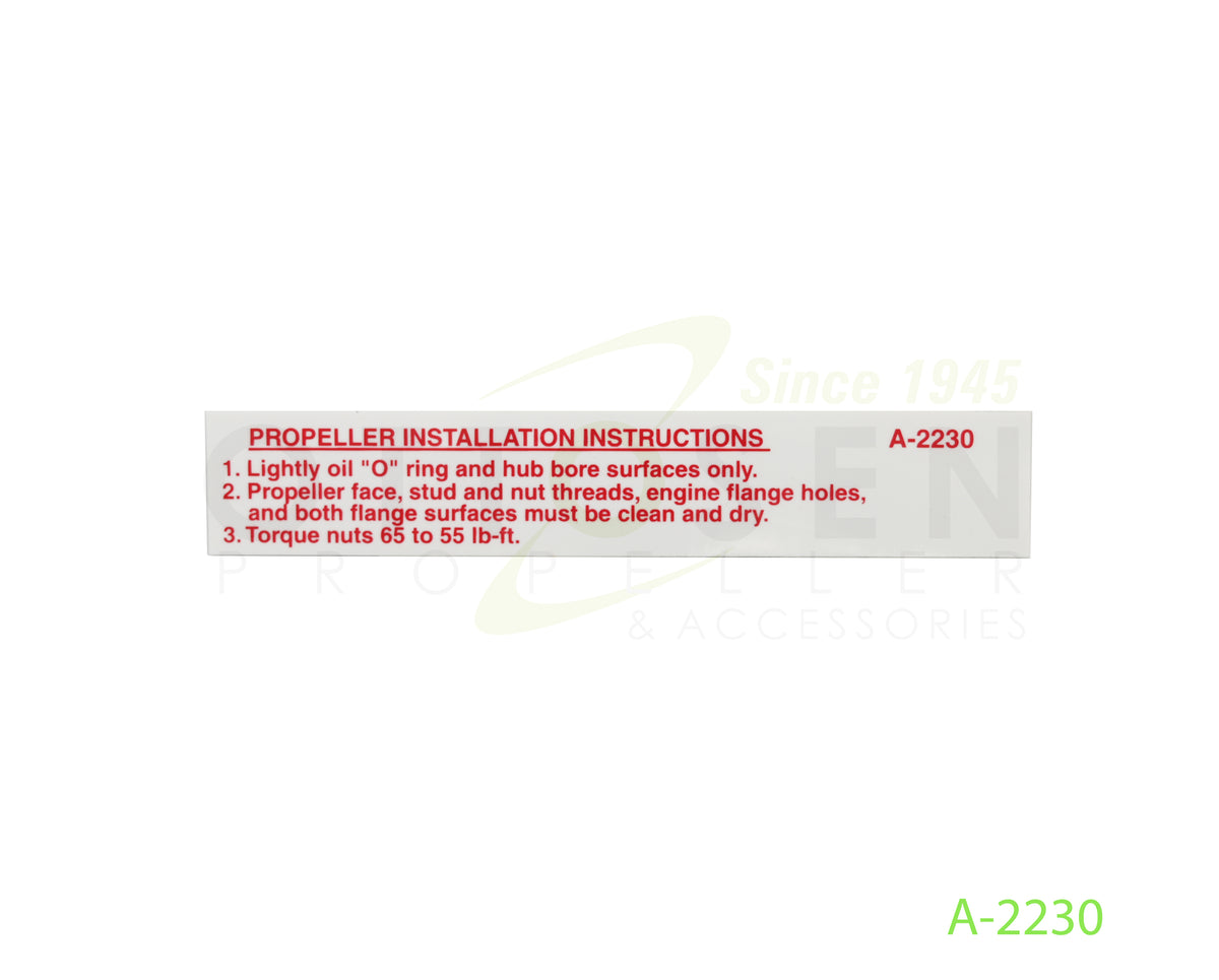 A-2230 - McCAULEY PROPELLER INSTALLATION TORQUE DECAL - Ottosen Propeller
