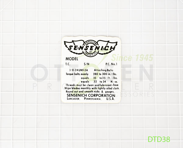 DTD38 - SENSENICH 3/8" TORQUE DECAL - Ottosen Propeller