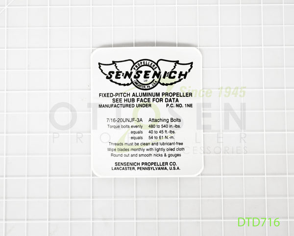 DTD716 - SENSENICH 7/16" TORQUE DECAL - Ottosen Propeller